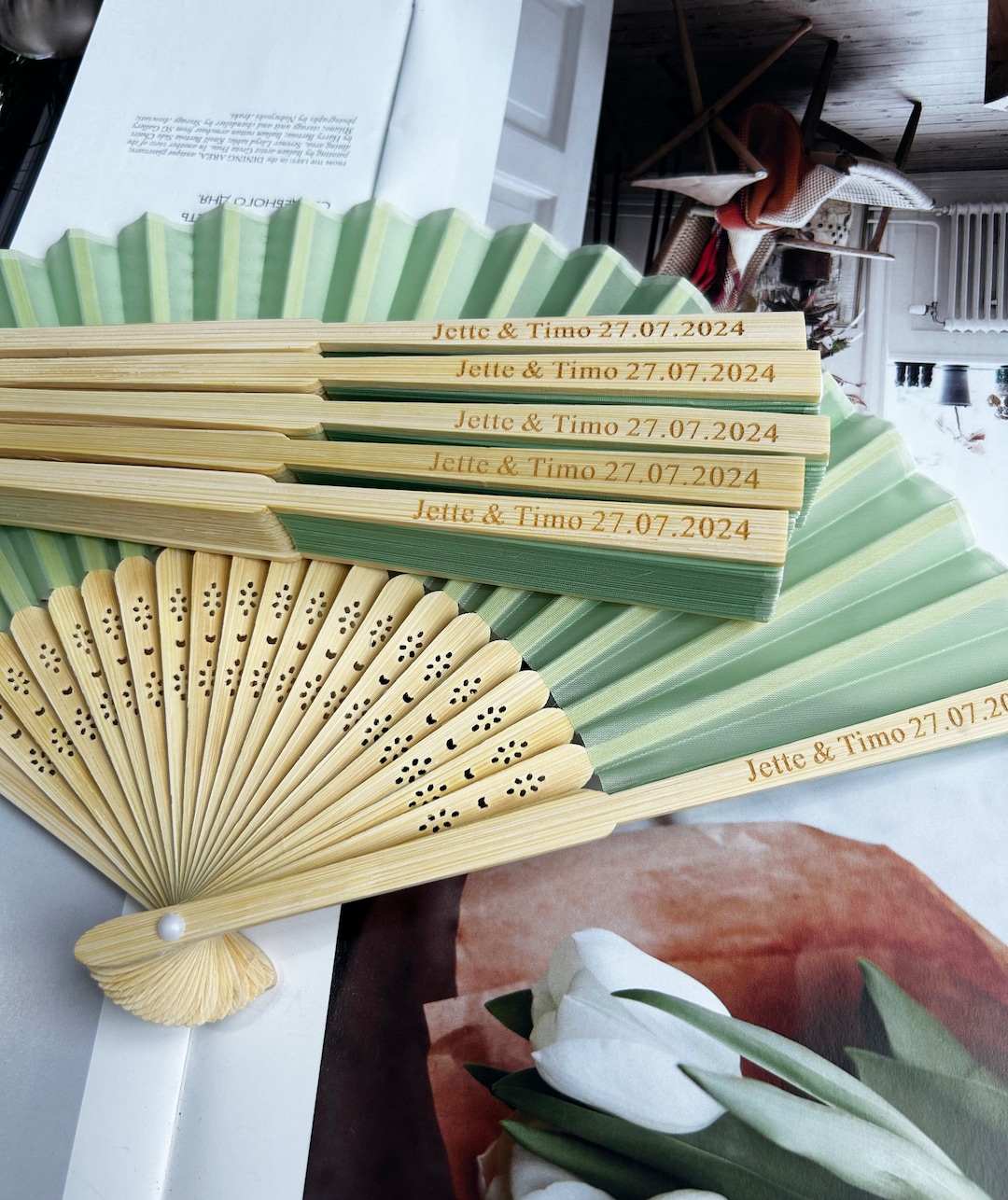 Bulk Green Personalised Silk Fans Folding Hand Fan, Wedding Bridal ...