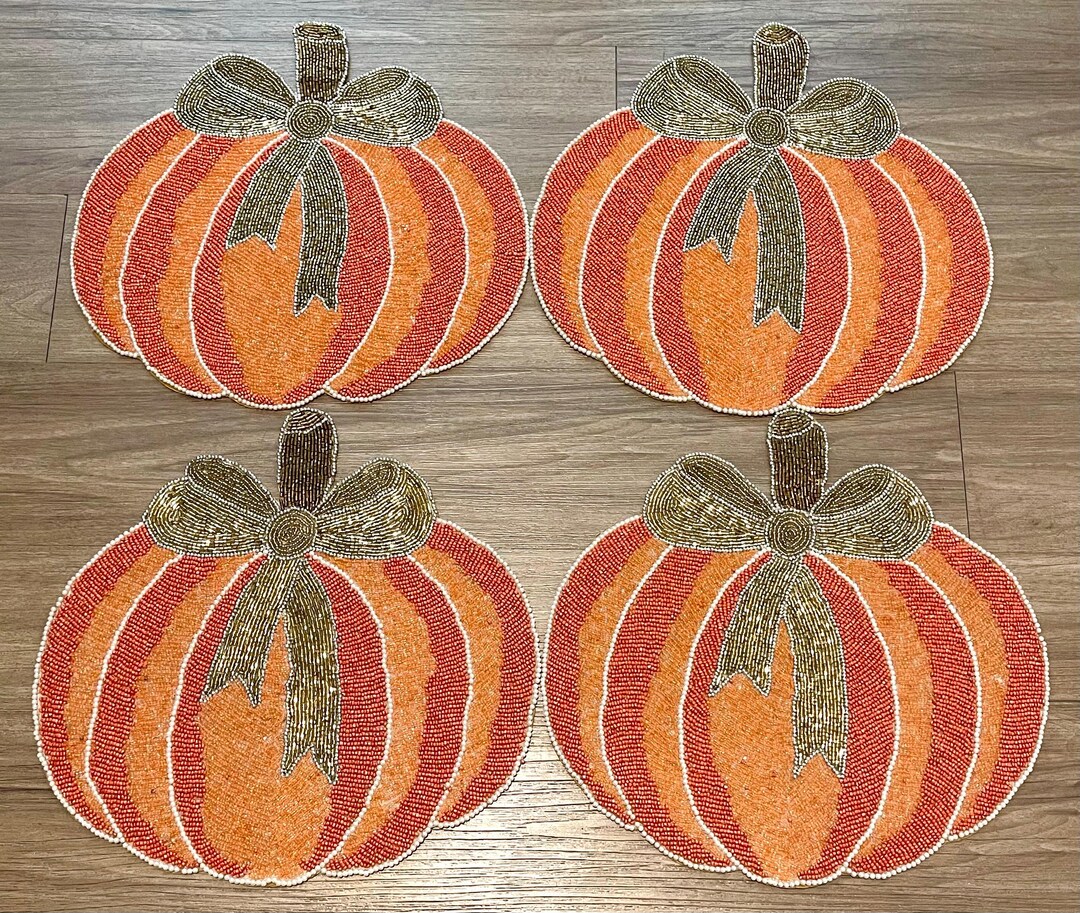 Set of 4 Tahari Home Pumpkin With Bow Beaded Placemat Chargers 15" New ...