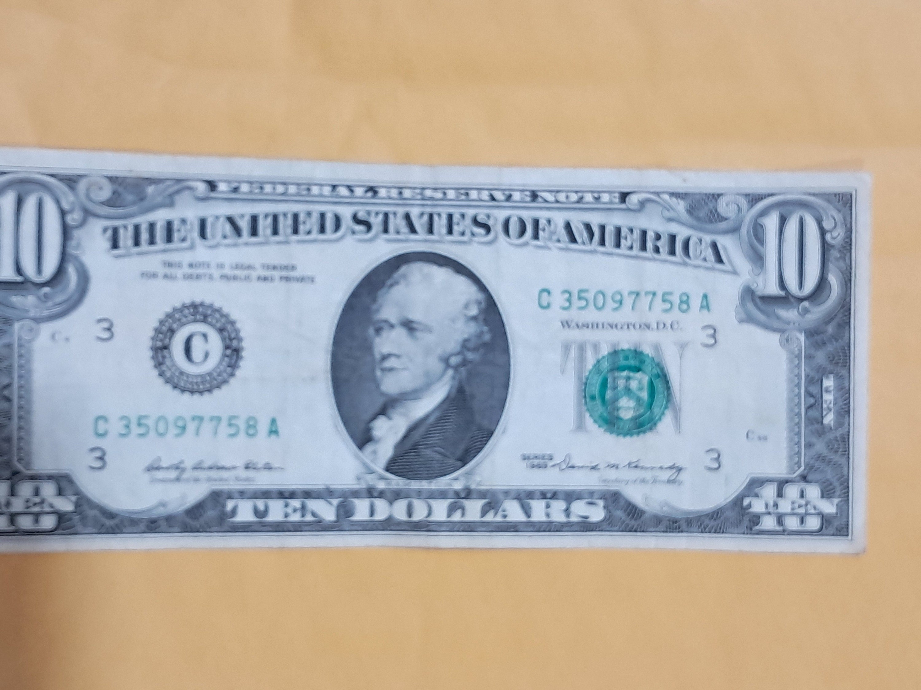 Ten Dollars Bill Serial Number C 35097758 A. Serie 1969 - Etsy