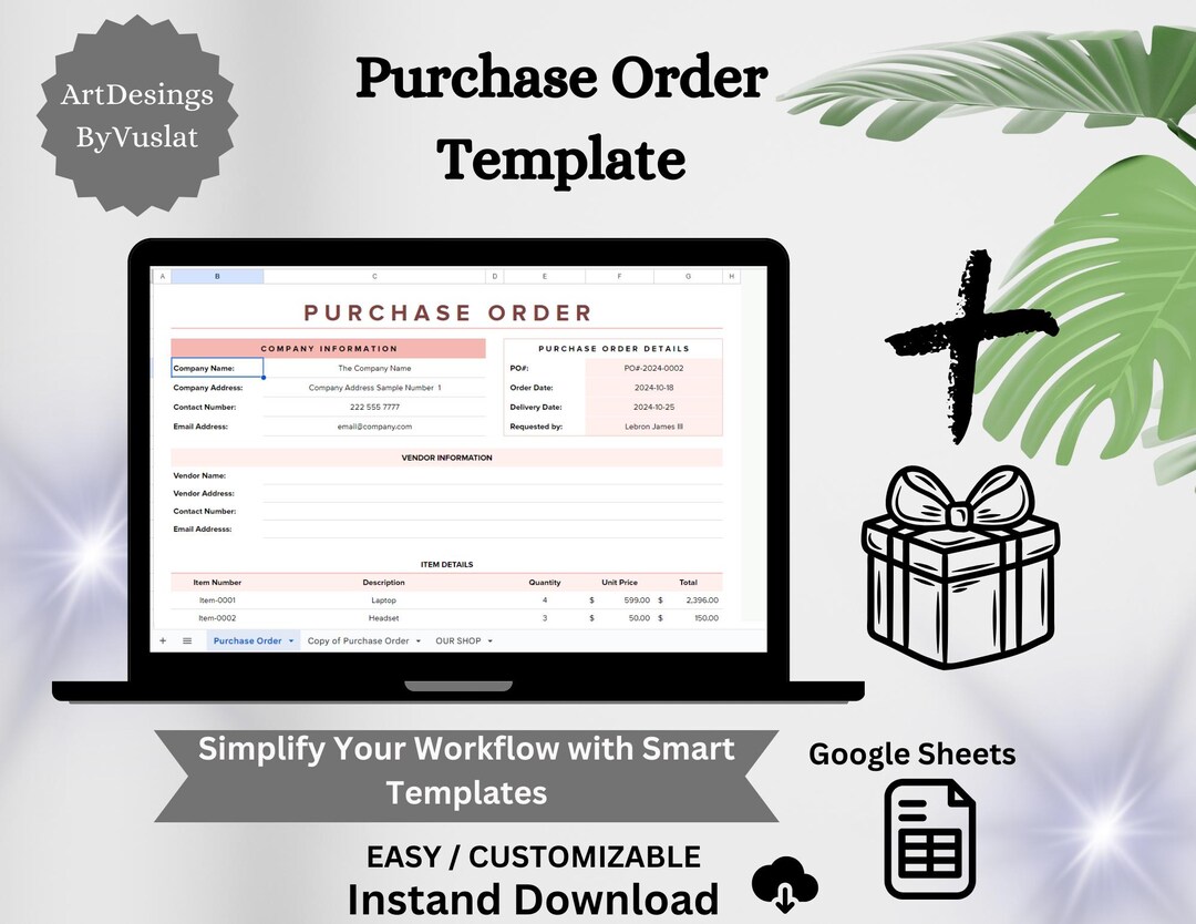 Purchase Order Template Editable, Google Sheets, Digital Download ...