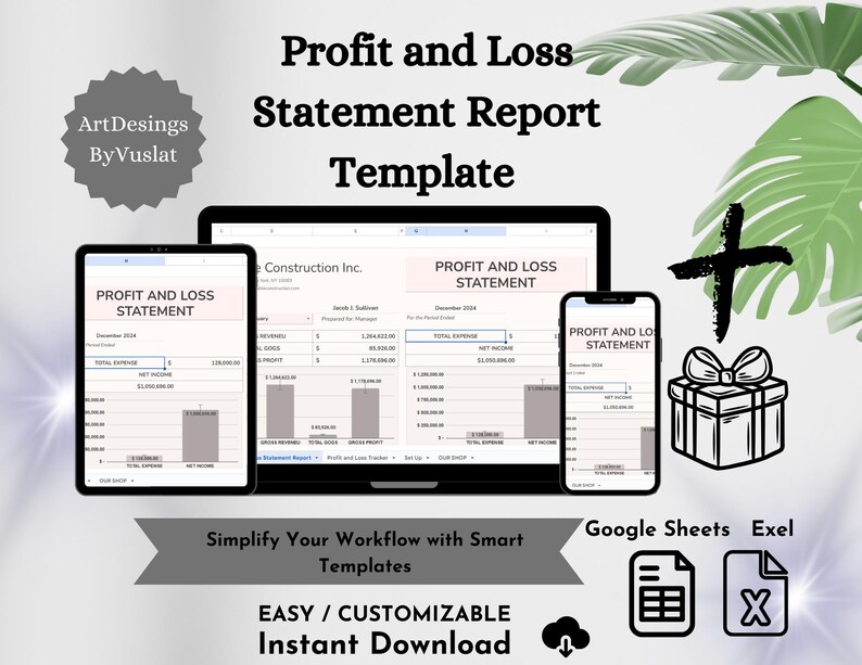 Profit and Loss Statement Report Template Editable, Google Sheets, Digital Download, Track ...