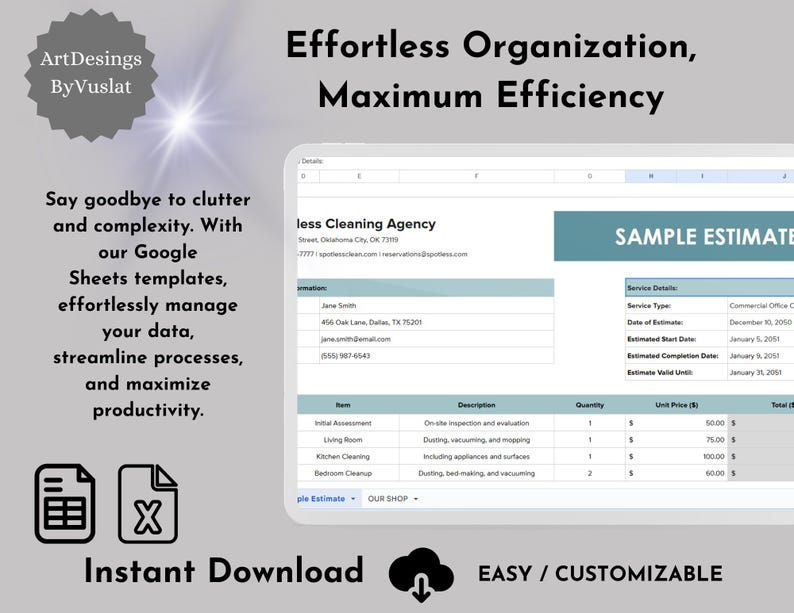 Sample Estimate Template Editable, Google Sheets, Digital Download ...