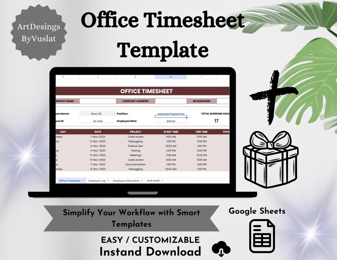 Office Timesheet Template Editable, Google Sheets, Digital Download ...