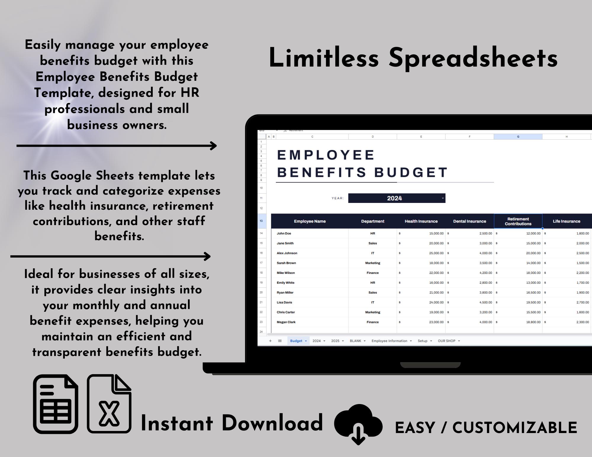 Employee Benefits Budget Template Editable, Google Sheets, Digital ...