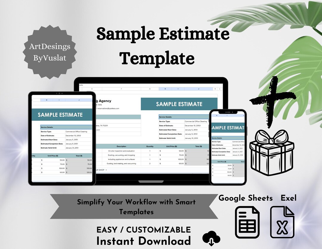 Sample Estimate Template Editable, Google Sheets, Digital Download ...