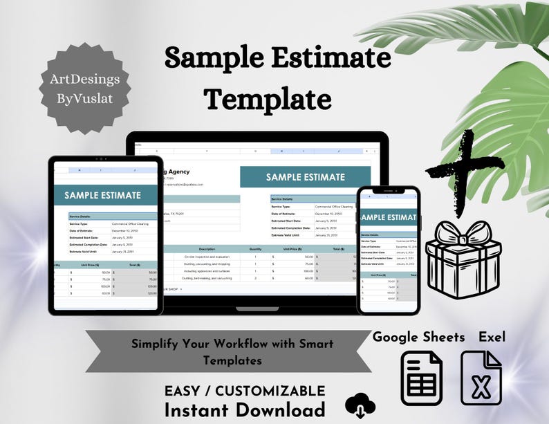 Sample Estimate Template Editable, Google Sheets, Digital Download ...