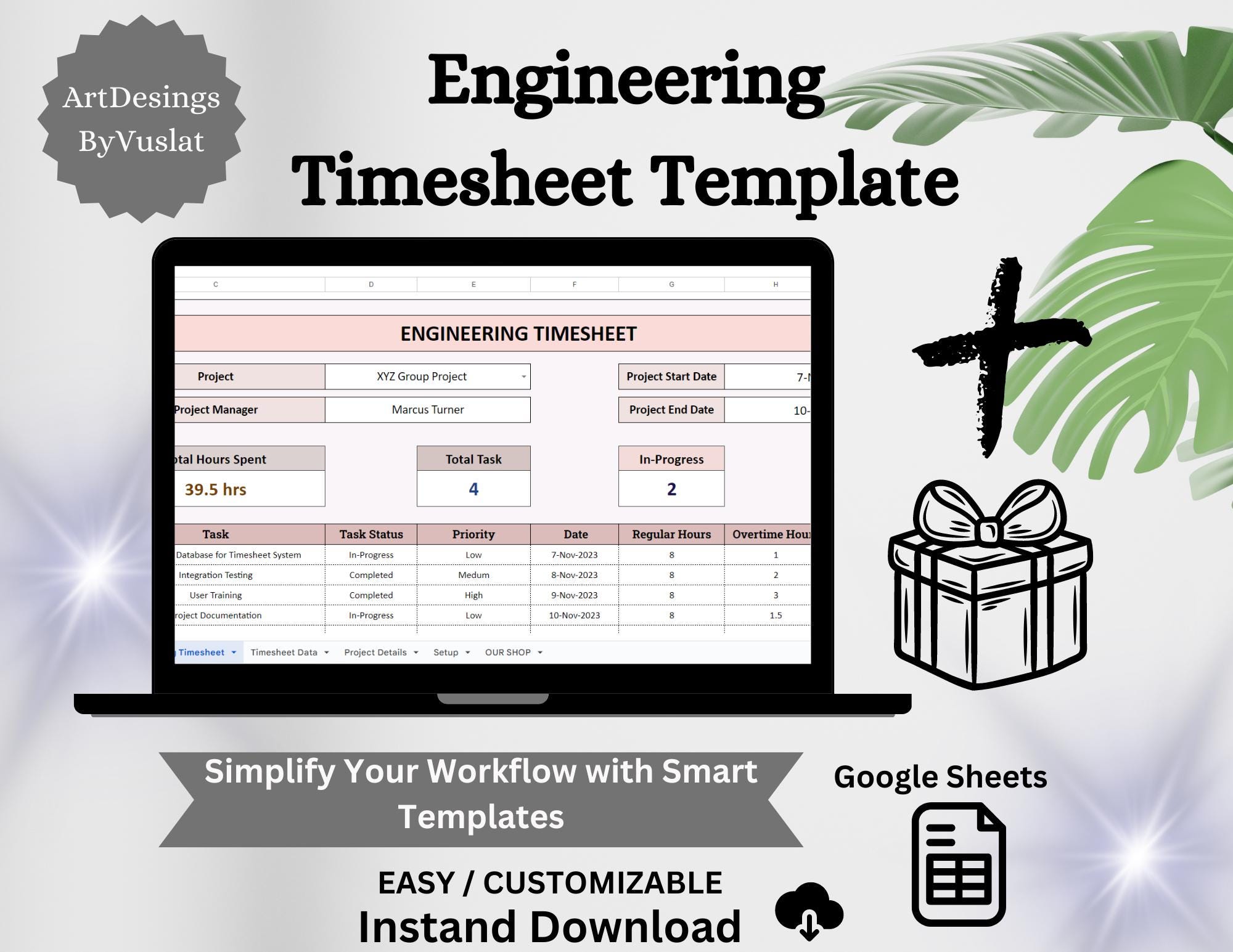 Engineering Timesheet Template Google Sheets, Digital Download, Track ...
