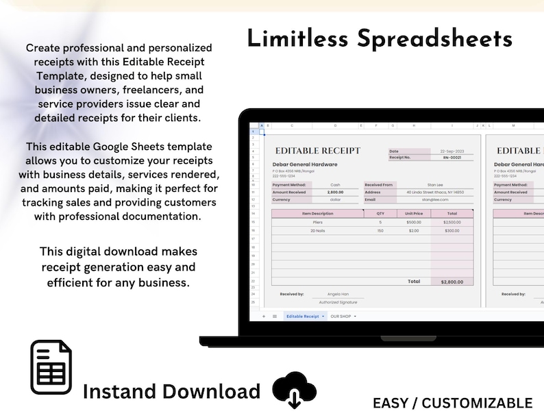 Editable Receipt Template Google Sheets, Digital Download, Customizable ...