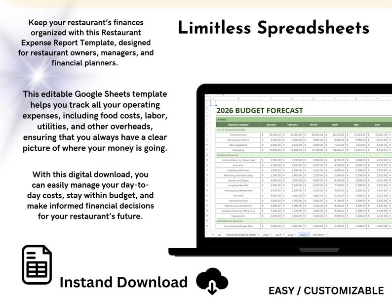 Restaurant Expense Report Template, Google Sheets, Digital Download, Track Operating Costs, Food ...