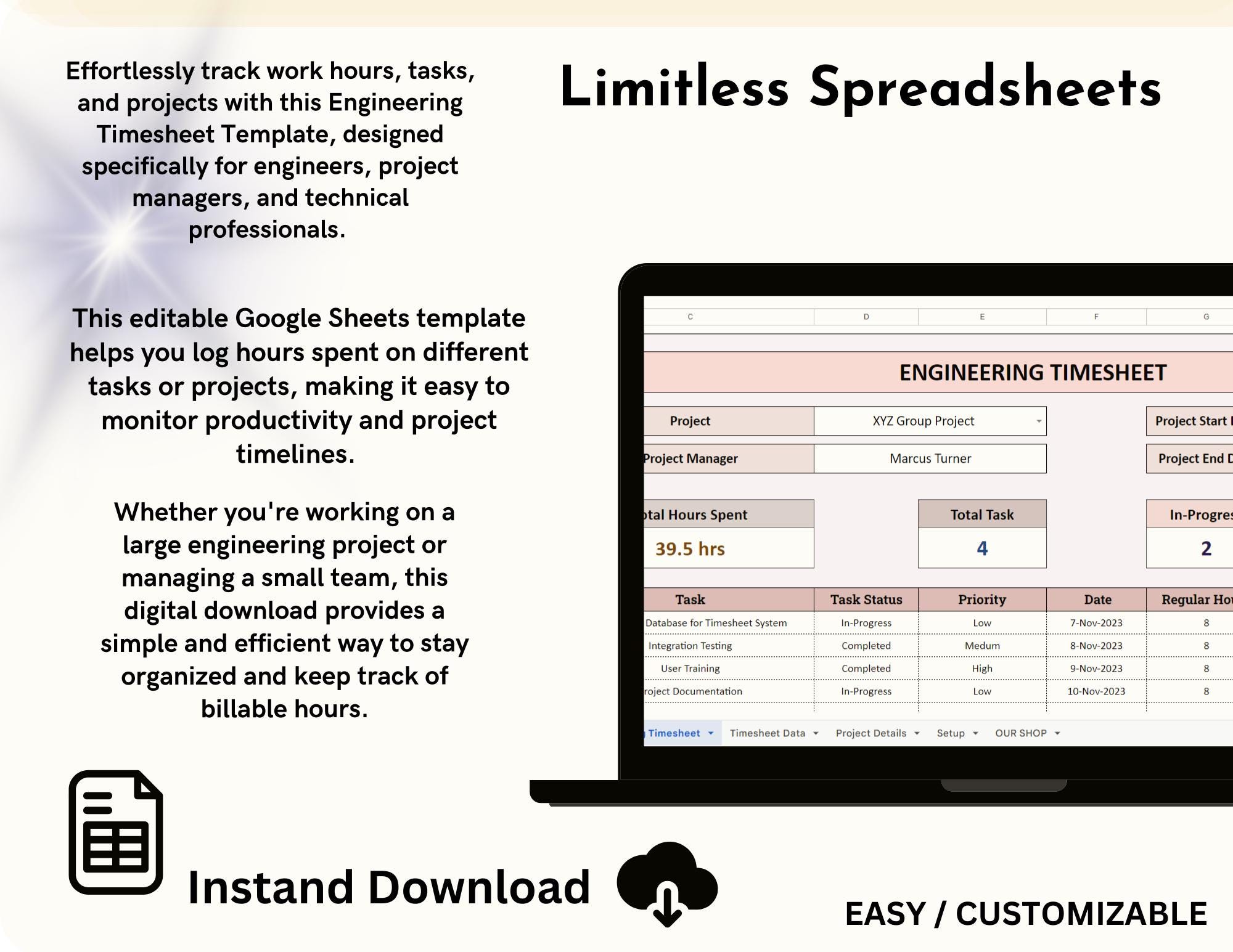 Engineering Timesheet Template Google Sheets, Digital Download, Track ...