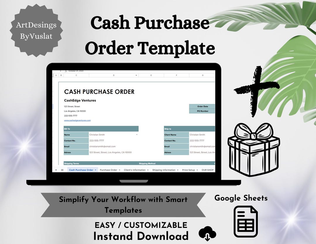 Cash Purchase Order Template Editable, Google Sheets, Digital Download ...