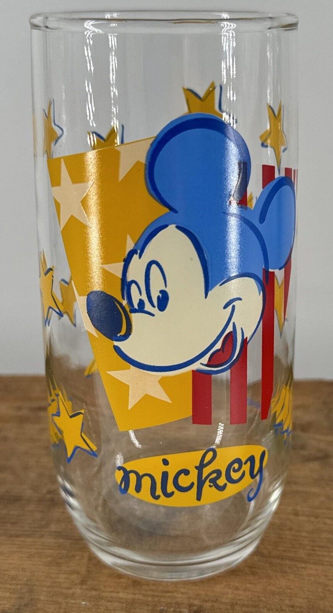 Vintage Mickey Mouse Drinking Glass Anchor Hocking Disney Yellow Stars ...