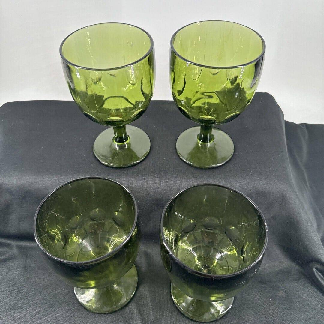 Goblets Green Glass Thumbprint Pattern 6 1/8 Tall Set of 4 Vintage MCM ...