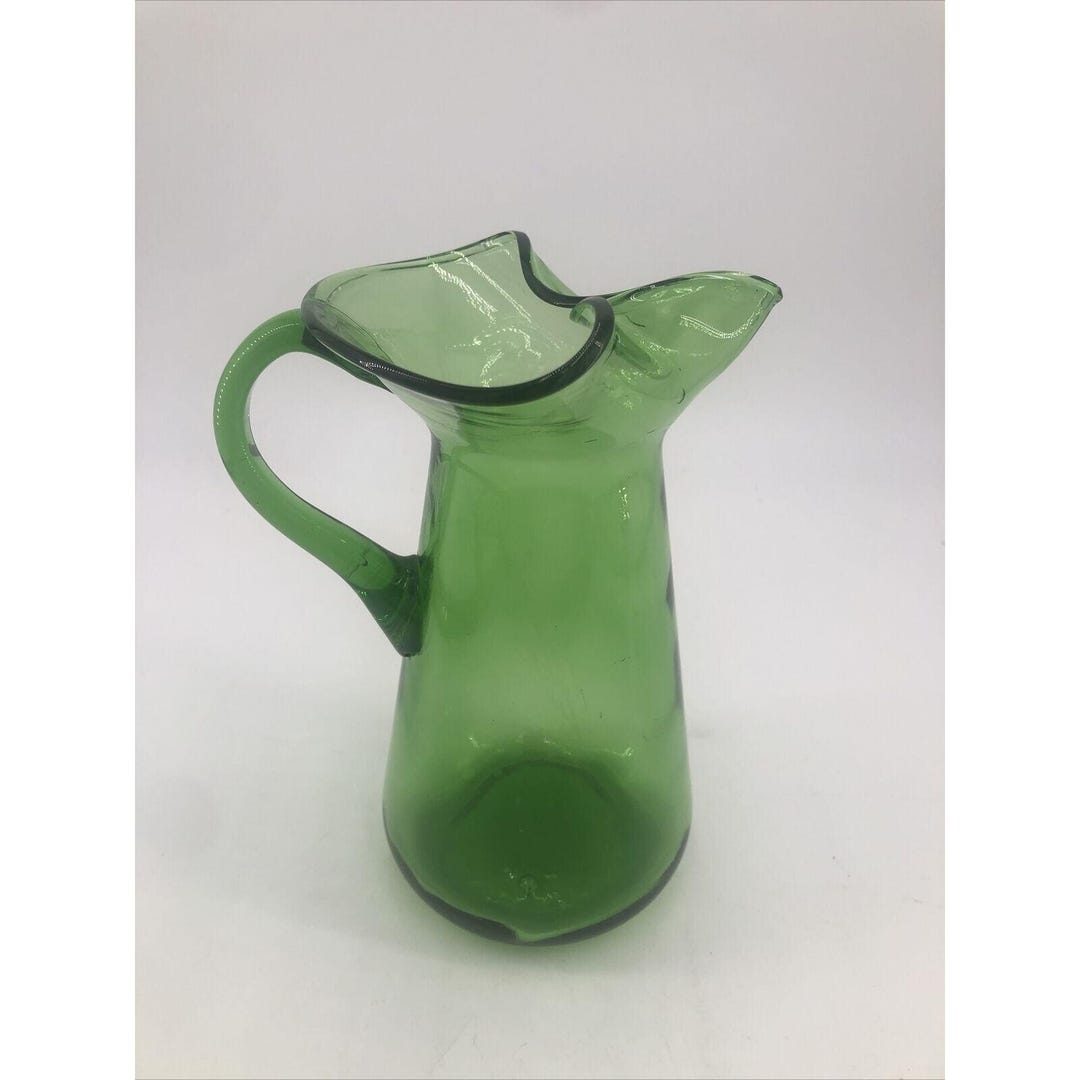 Glass Pitcher Mid Century Hand Blown Emerald Green Pinched Spout Ice ...