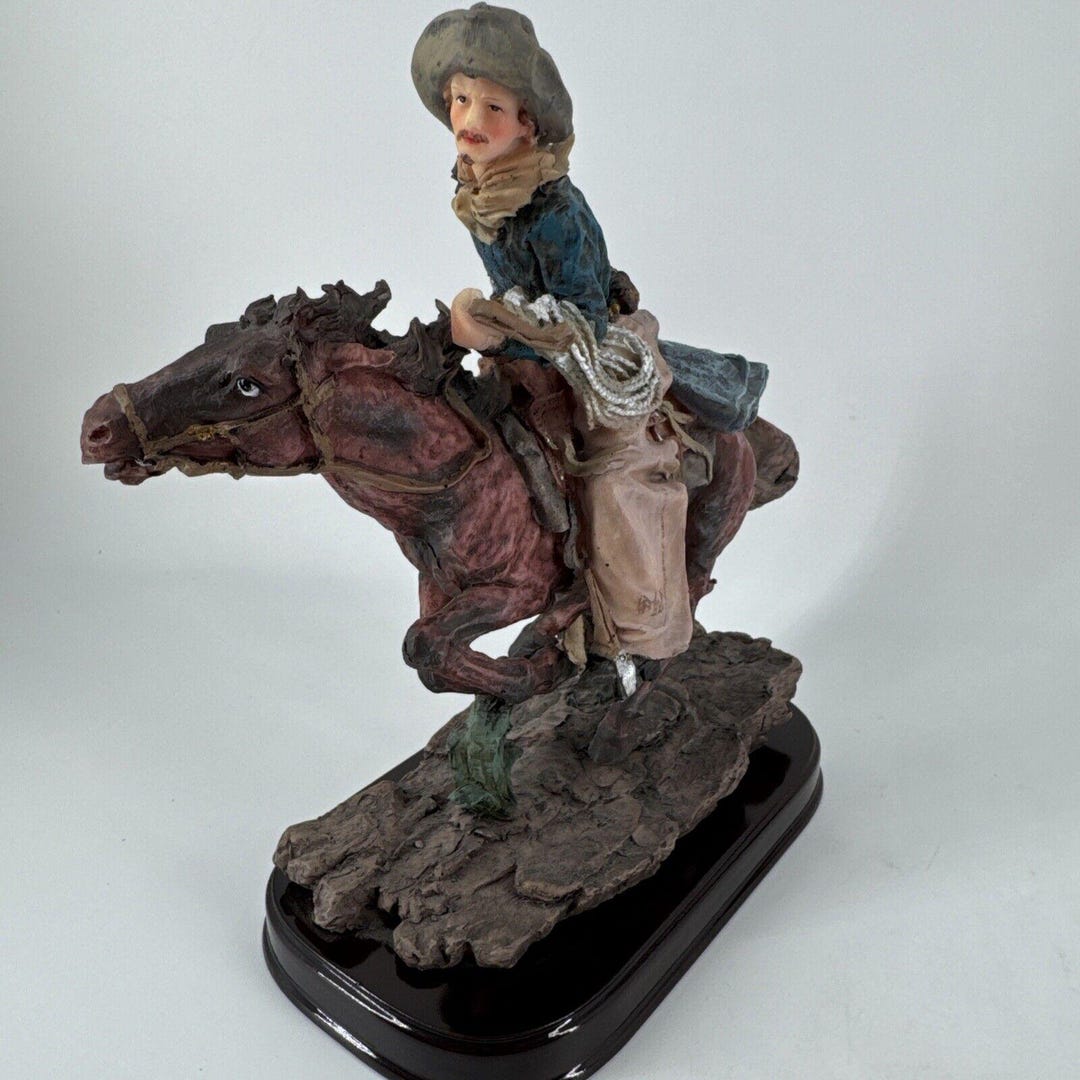 Cowboy on Horse Statue Western Resin Wooden Brown Base Ashley Belle ...