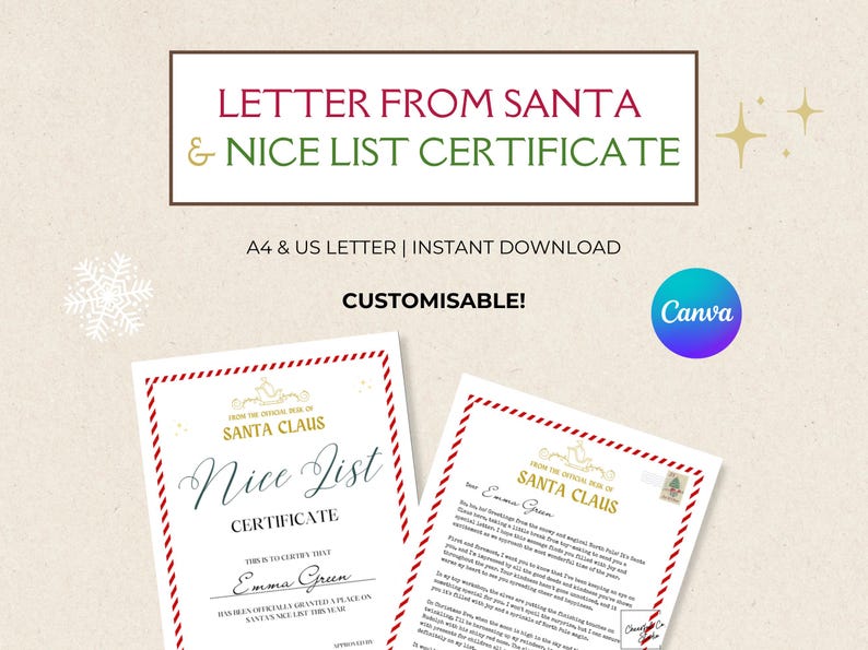 Letter From Santa & Nice List Certificate Editable Santa Letter ...