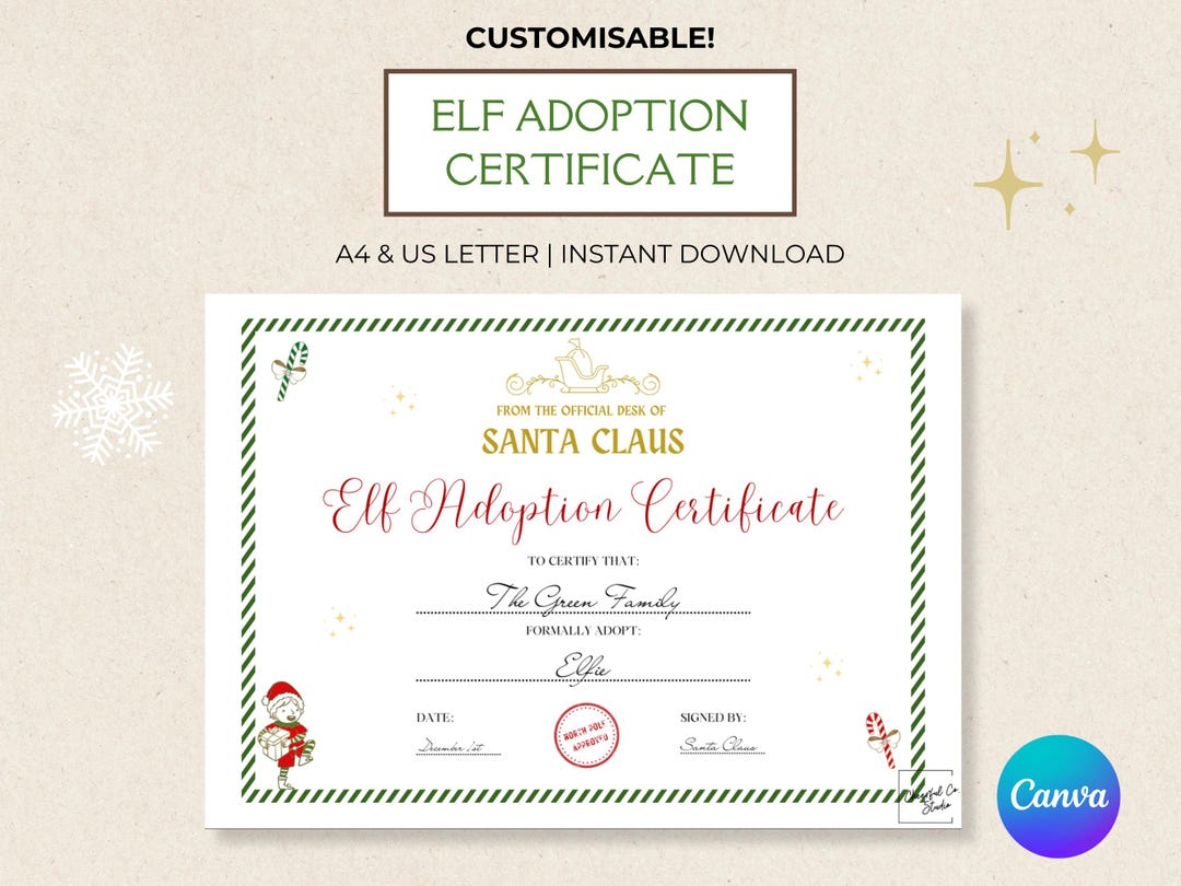 Elf Adoption Certificate | Editable Canva Template, Elf Arrival, Elf ...