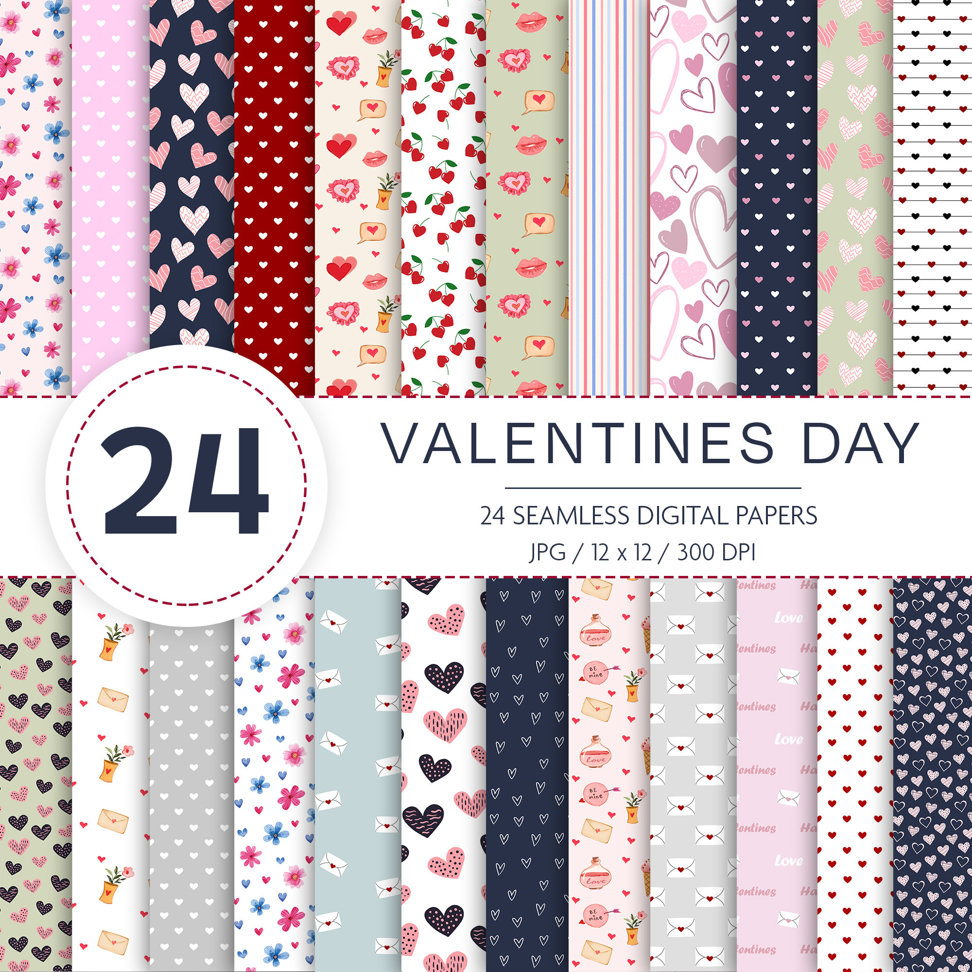 24 Valentine's Day Digital Papers, Valentine Hearts Seamless Digital ...