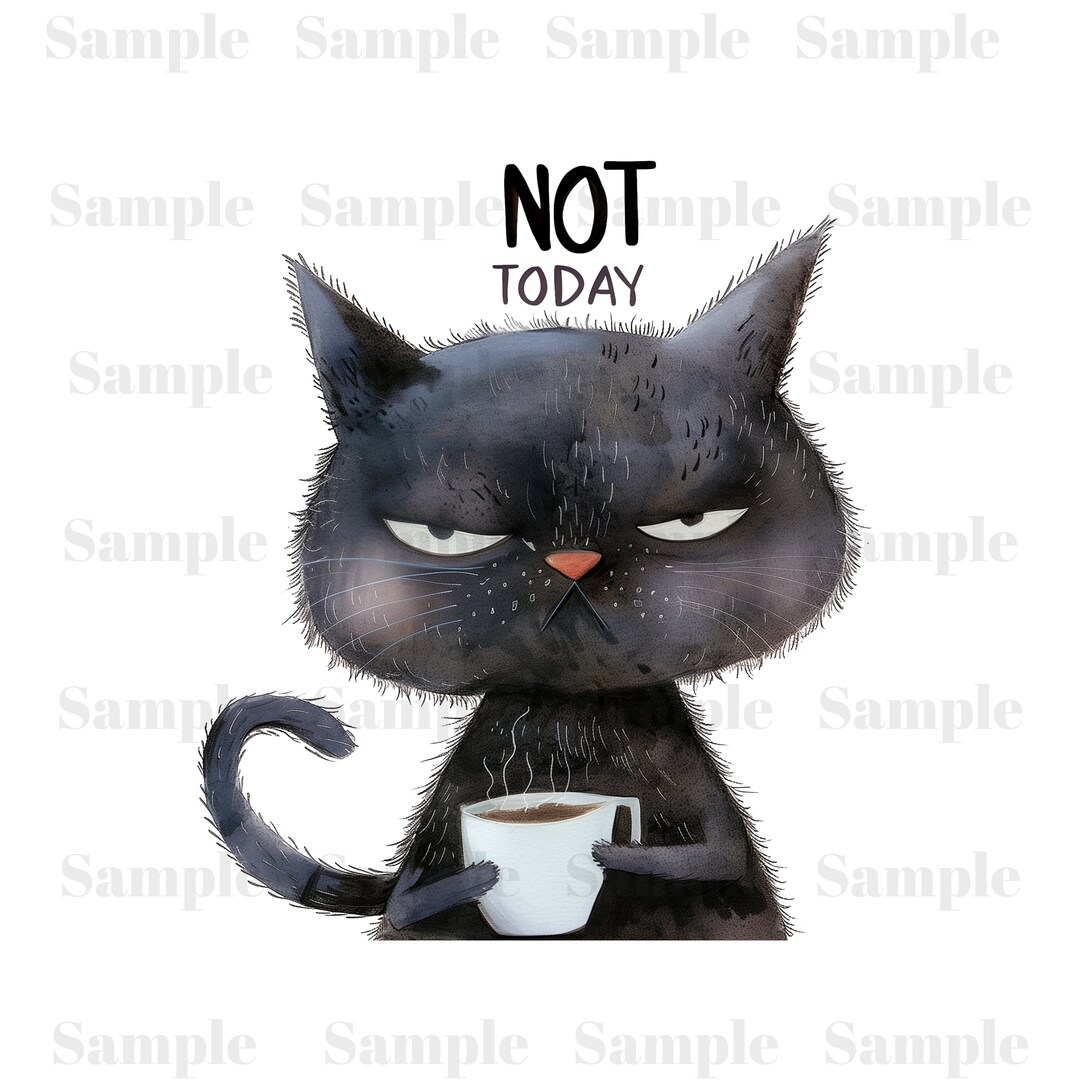 Grumpy Black Cat and Coffee | One PNG File | Transparent Background ...