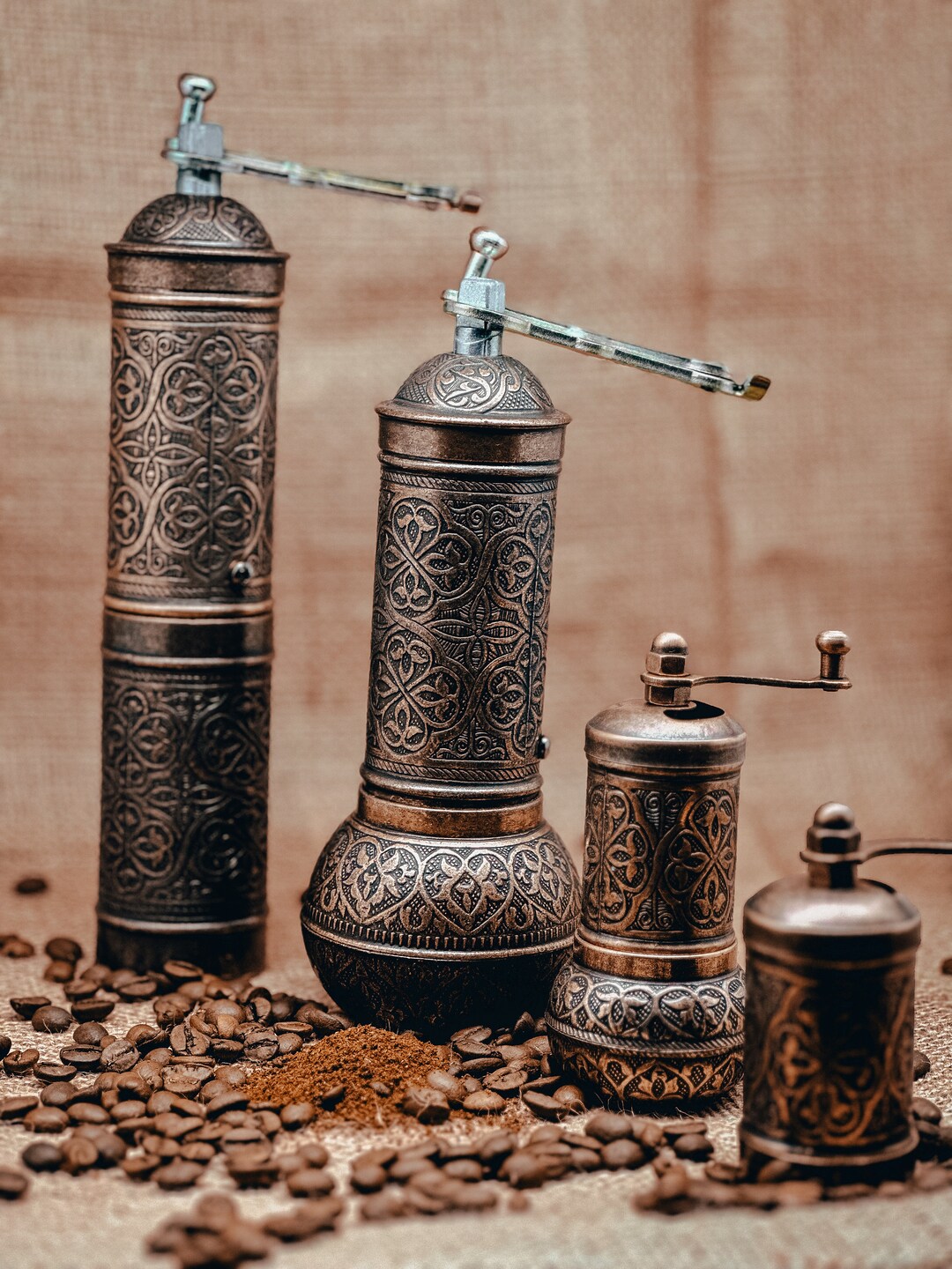 Set of 4, Traditional Turkish Coffee Grinders, Pepper Mill, Spice ...