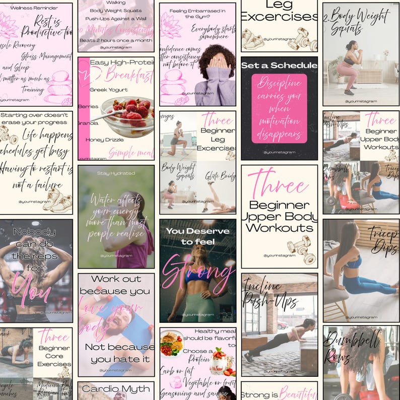 Gym Chic Instagram Templates | 30 Fitness Content Canva Social Media ...