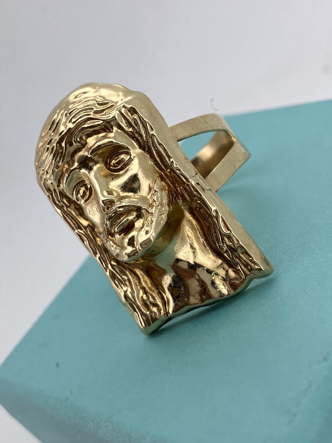 10k Yellow Gold Men's Jesus Head Face Ring - Etsy