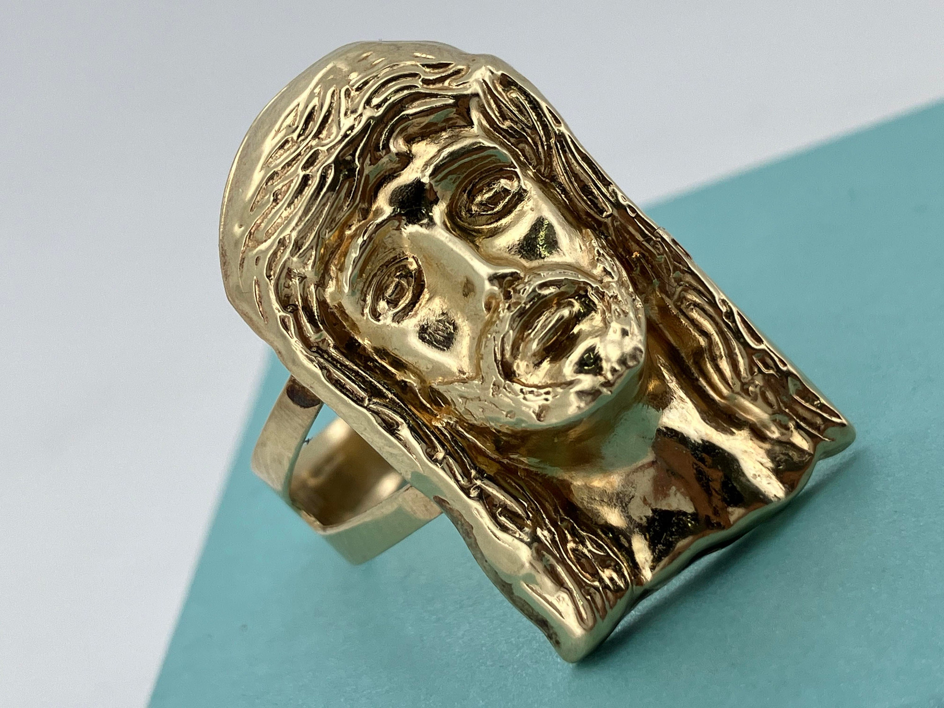 10k Yellow Gold Men's Jesus Head Face Ring - Etsy