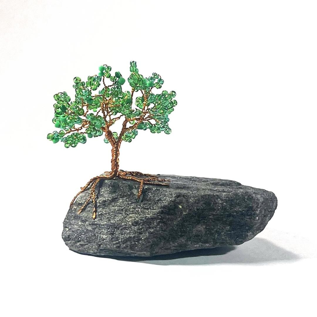 Green Seed Bead Tree of Life Mini Art Sculpture Paper Weight on Sparkle ...