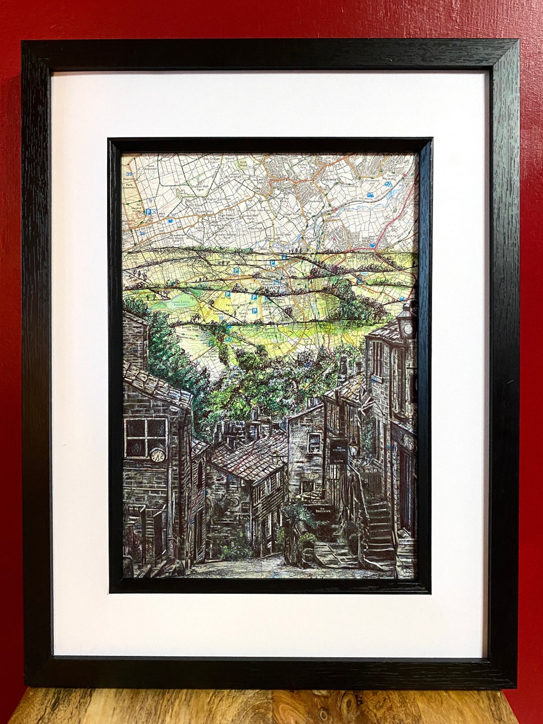 Haworth Village Art Print. Pen Drawing Over Map of West Yorkshire . A4 ...