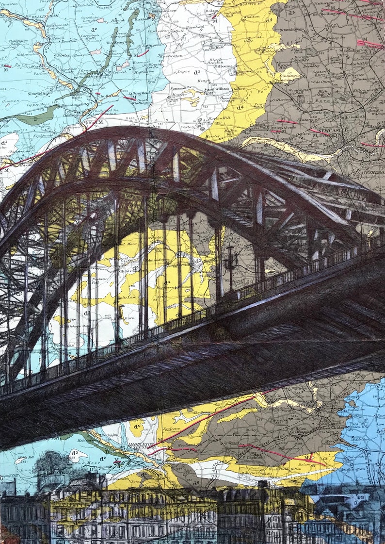 Tyne Bridge Art Print. Pen Drawing Over Map of Gateshead Newcastle . A4 ...