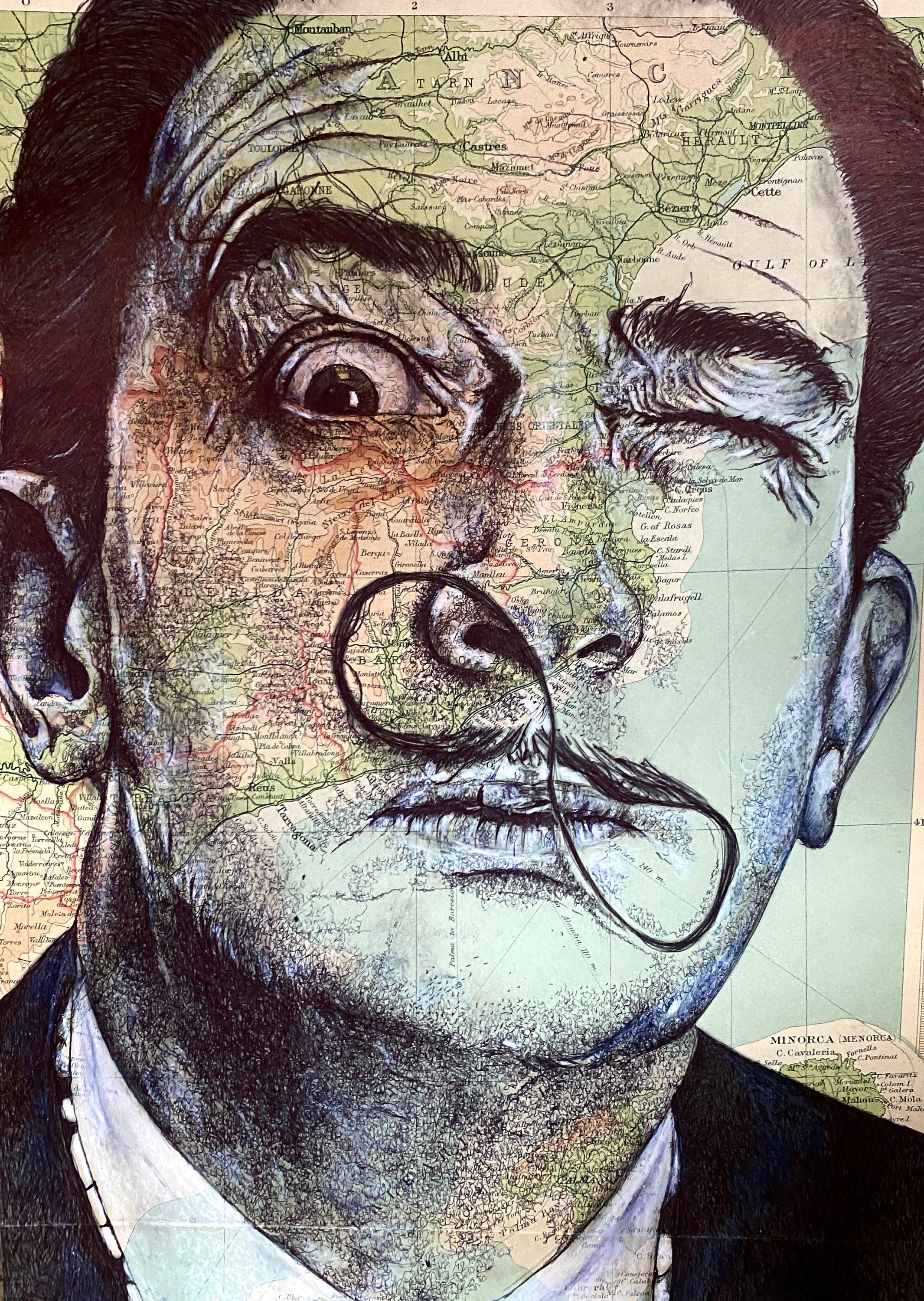 Salvador Dali Inspired Portrait. Original Pen Drawing on Map of ...