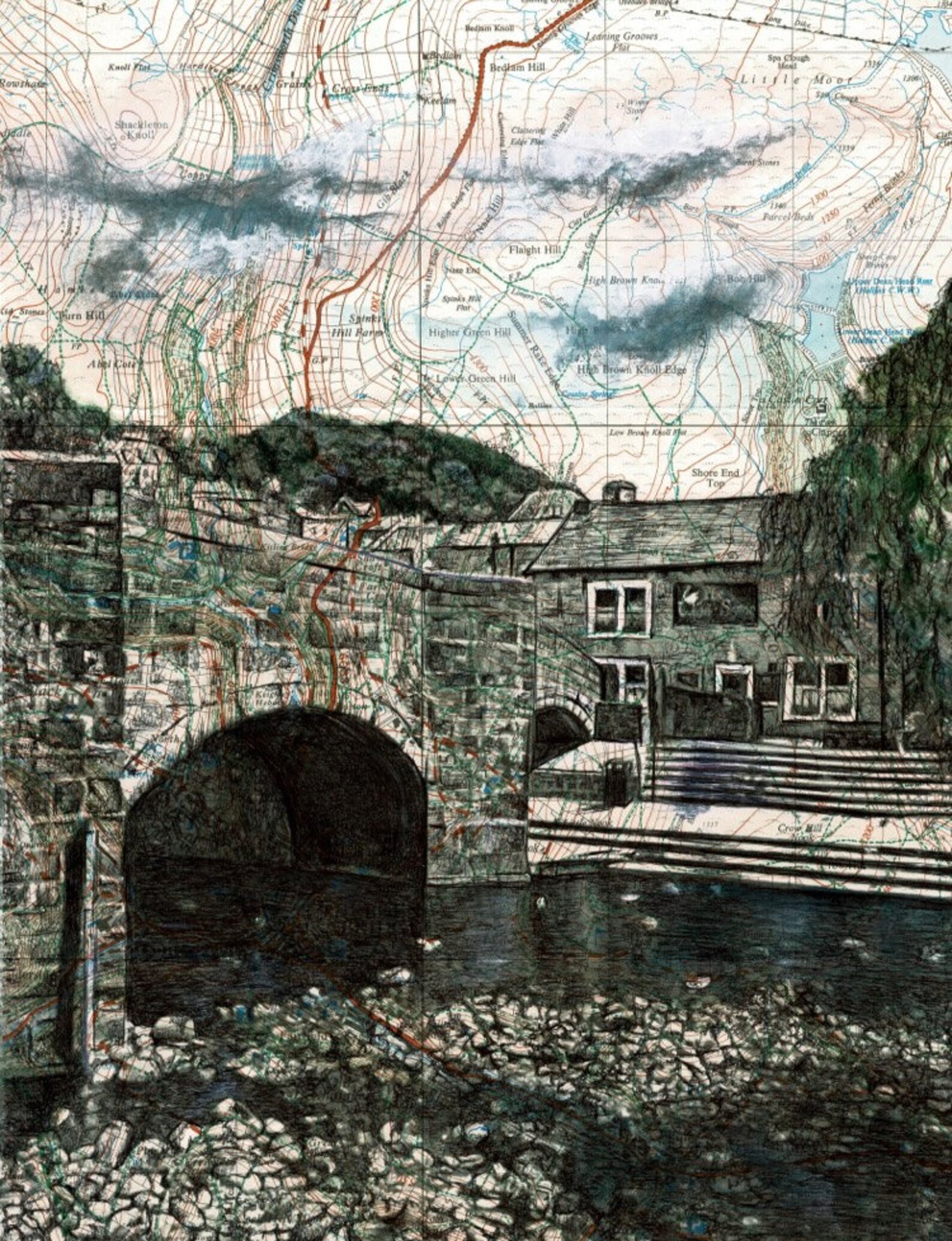 Hebden Bridge Packhorse Bridge Art Print. Pen Drawing Over Map. A4 ...