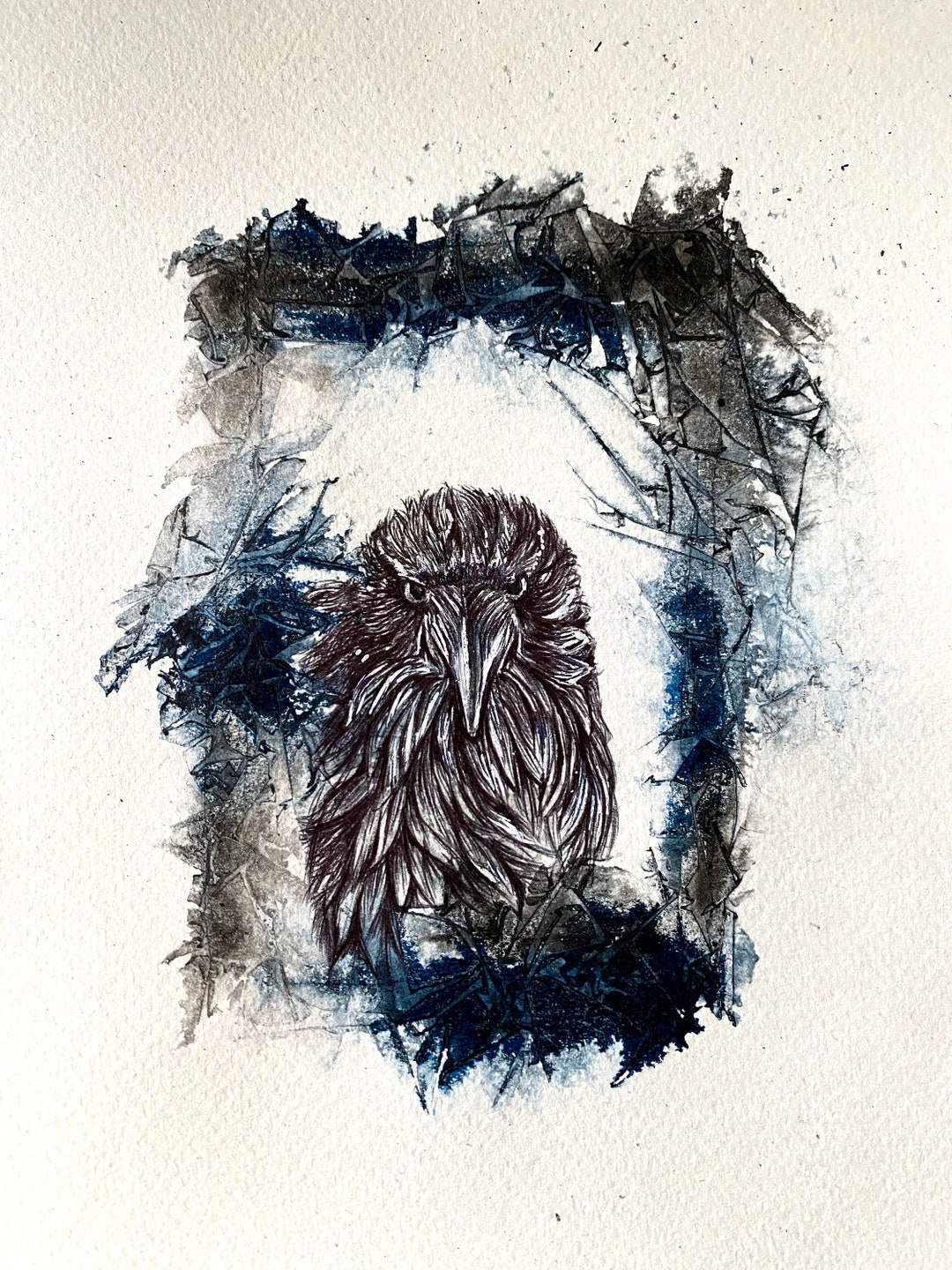 Crow Pen and Ink Drawing. Blue Black . Original Art Unframed 15x21cm - Etsy