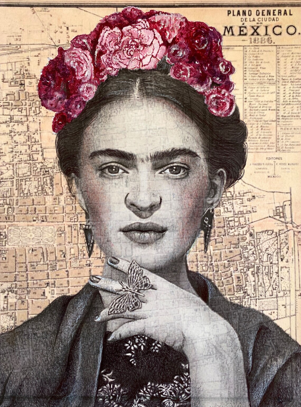 Frida Kahlo Portrait Art Print, Mexico Map Background (A4 Unframed ...