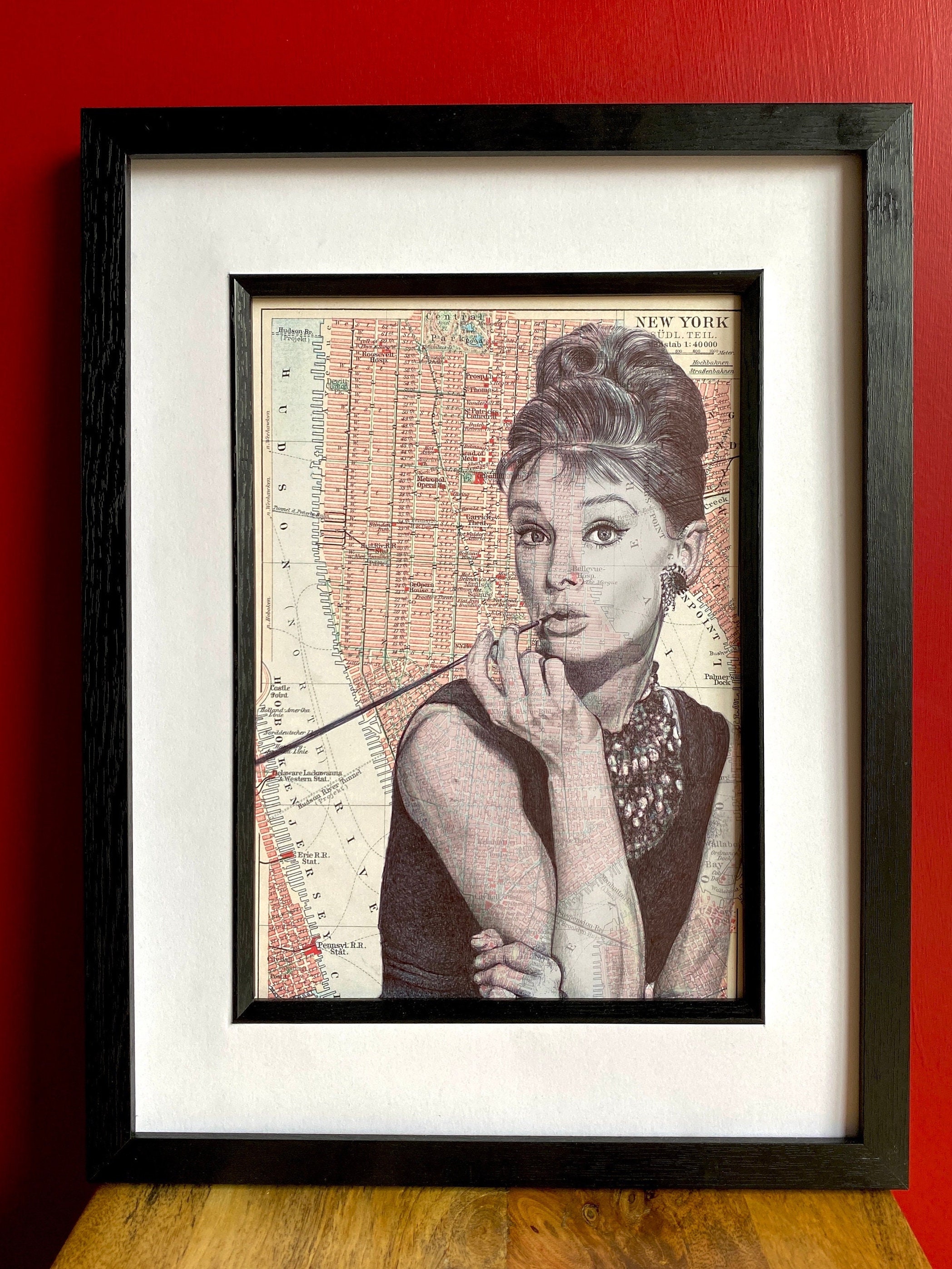 Audrey Hepburn Inspired Portrait Print. Pen Drawing Over Map of New ...