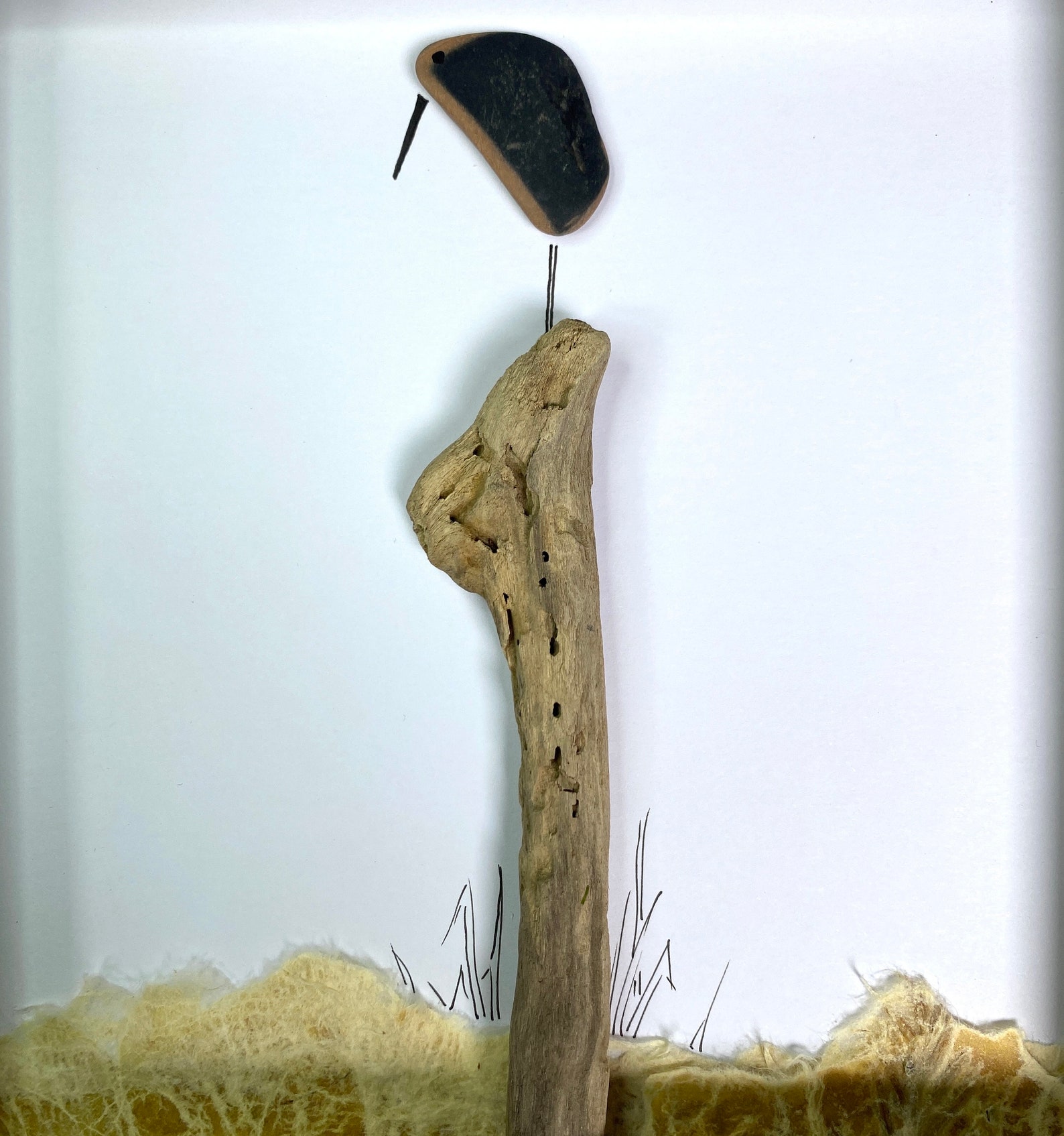 Driftwood and Pebble Art Bird on a Post 20x20cm Framed. Original and ...