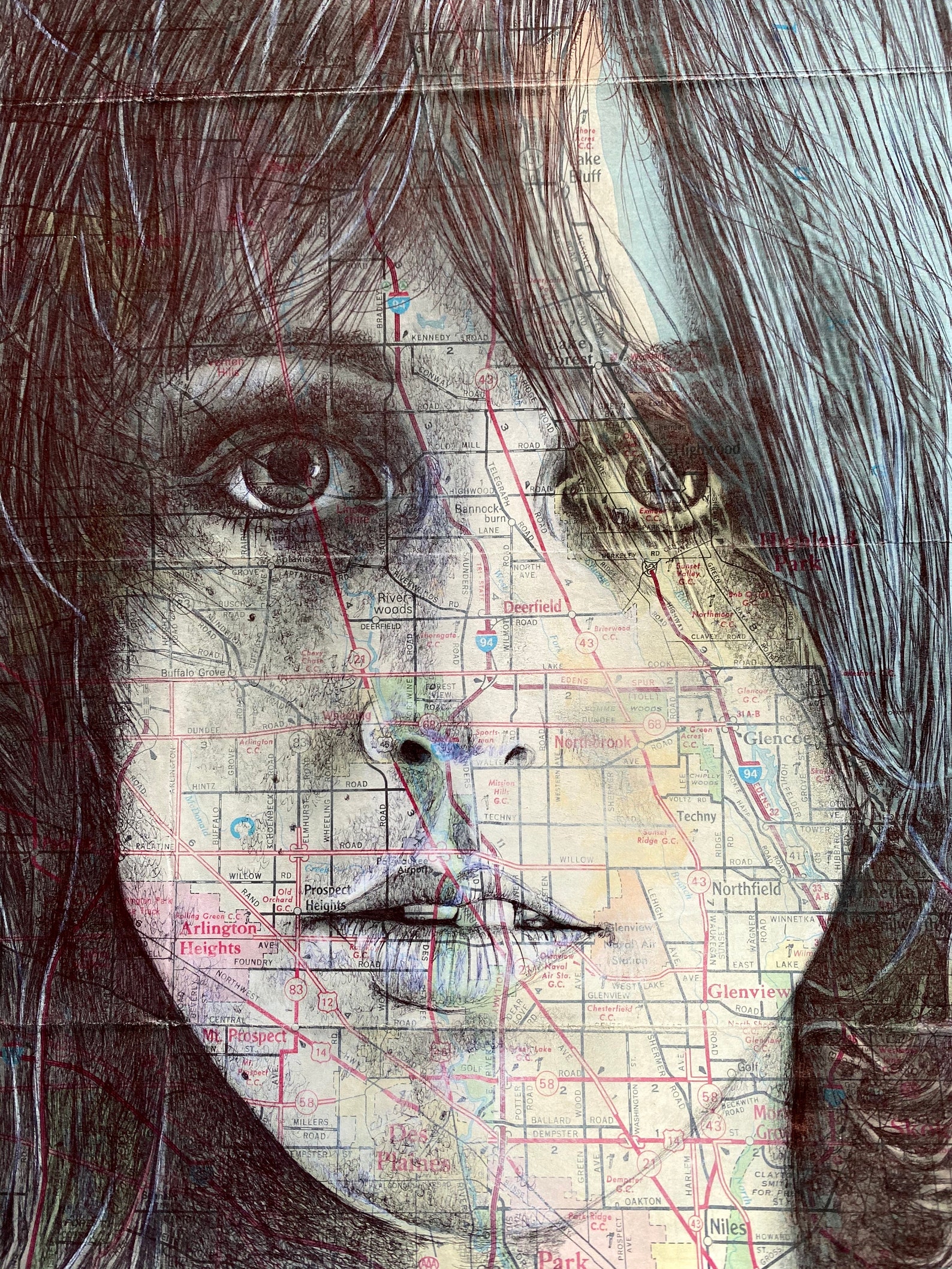Grace Slick Portrait Print. Pen Drawing Over Map of San Francisco . A4 ...