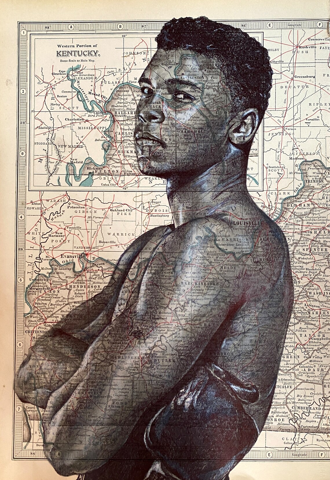 Muhammad Ali Cassius Clay Inspired Portrait Print. Pen Drawing Over Map ...