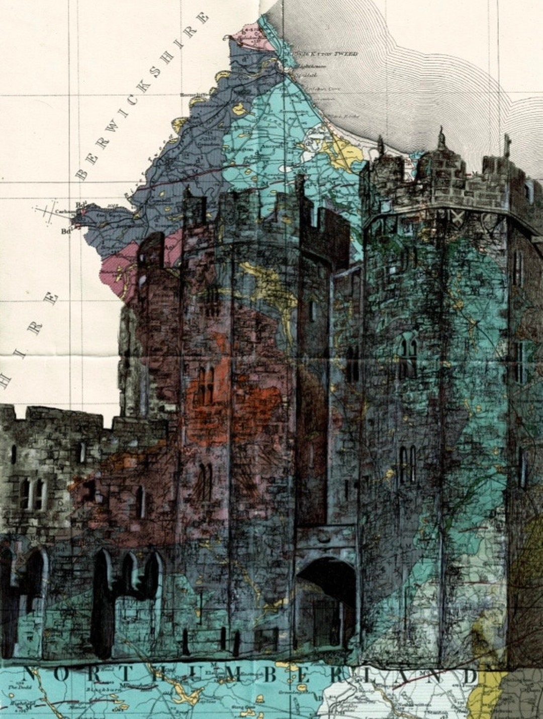 Alnwick Castle Art Print. Pen Drawing Over Map of Northumberland . A4 ...
