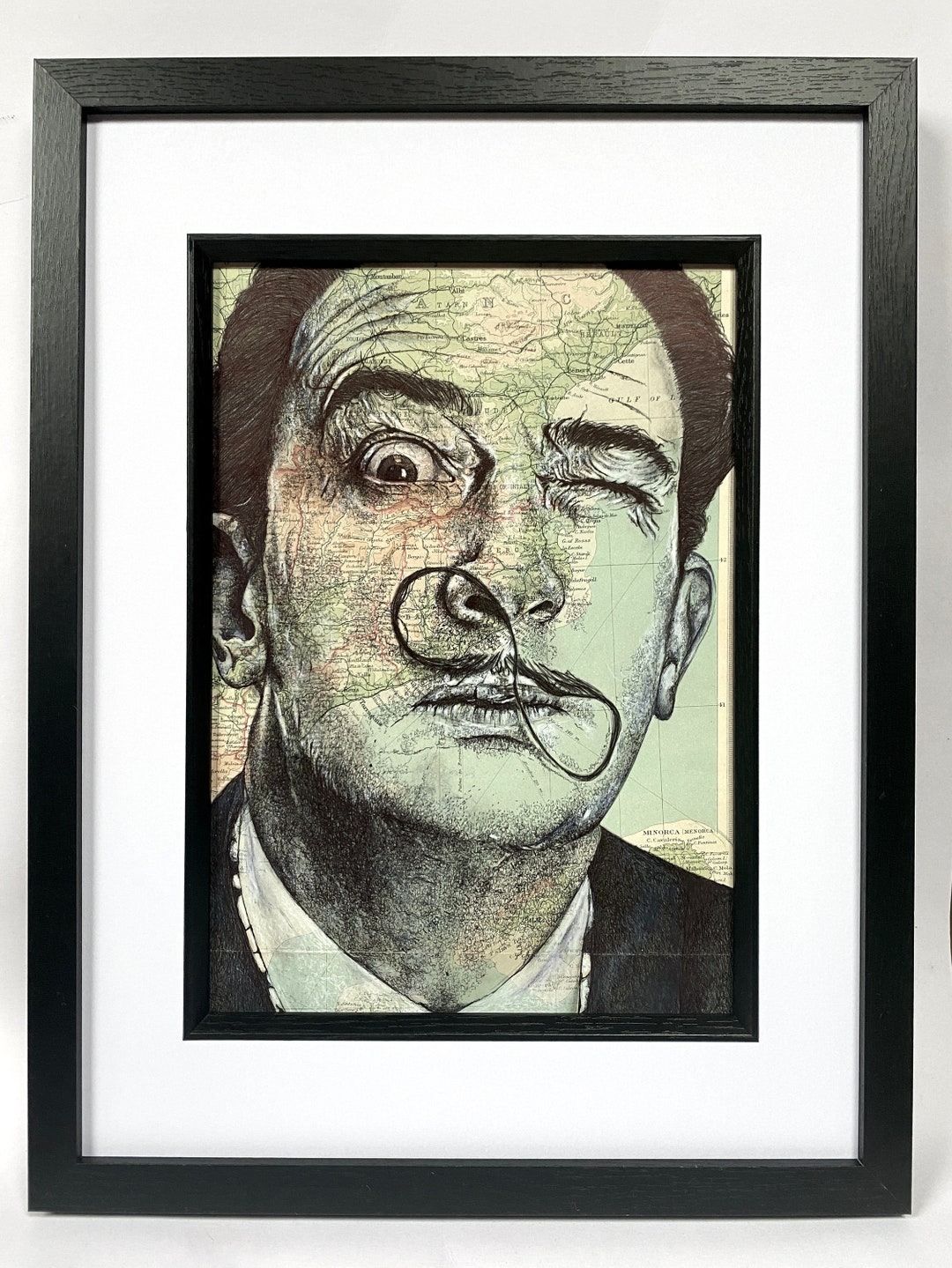 Salvador Dali Inspired Portrait. Original Pen Drawing on Map of ...