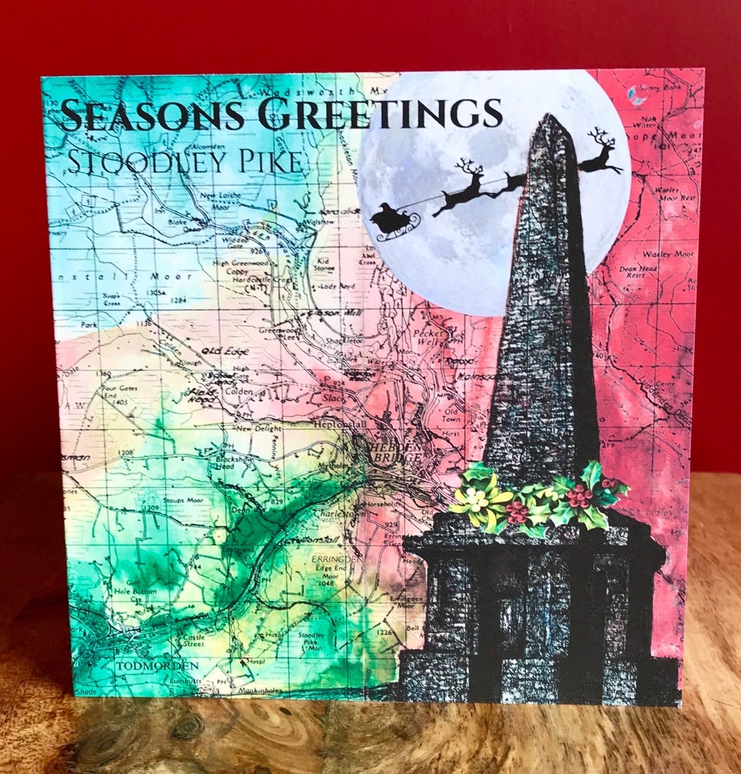 Stoodley Pike Christmas Card. Pen Drawing Over Map of Todmorden ...