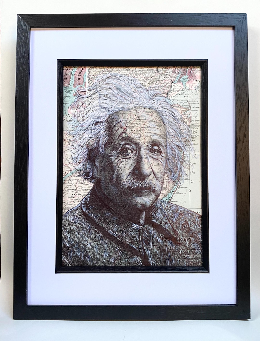 Albert Einstein Inspired Portrait Print. Pen Drawing Over Map of New ...