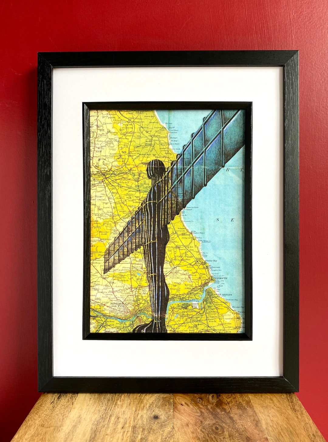 Angel of the North Art Print. Pen Drawing Over Map of Gateshead . A4 ...