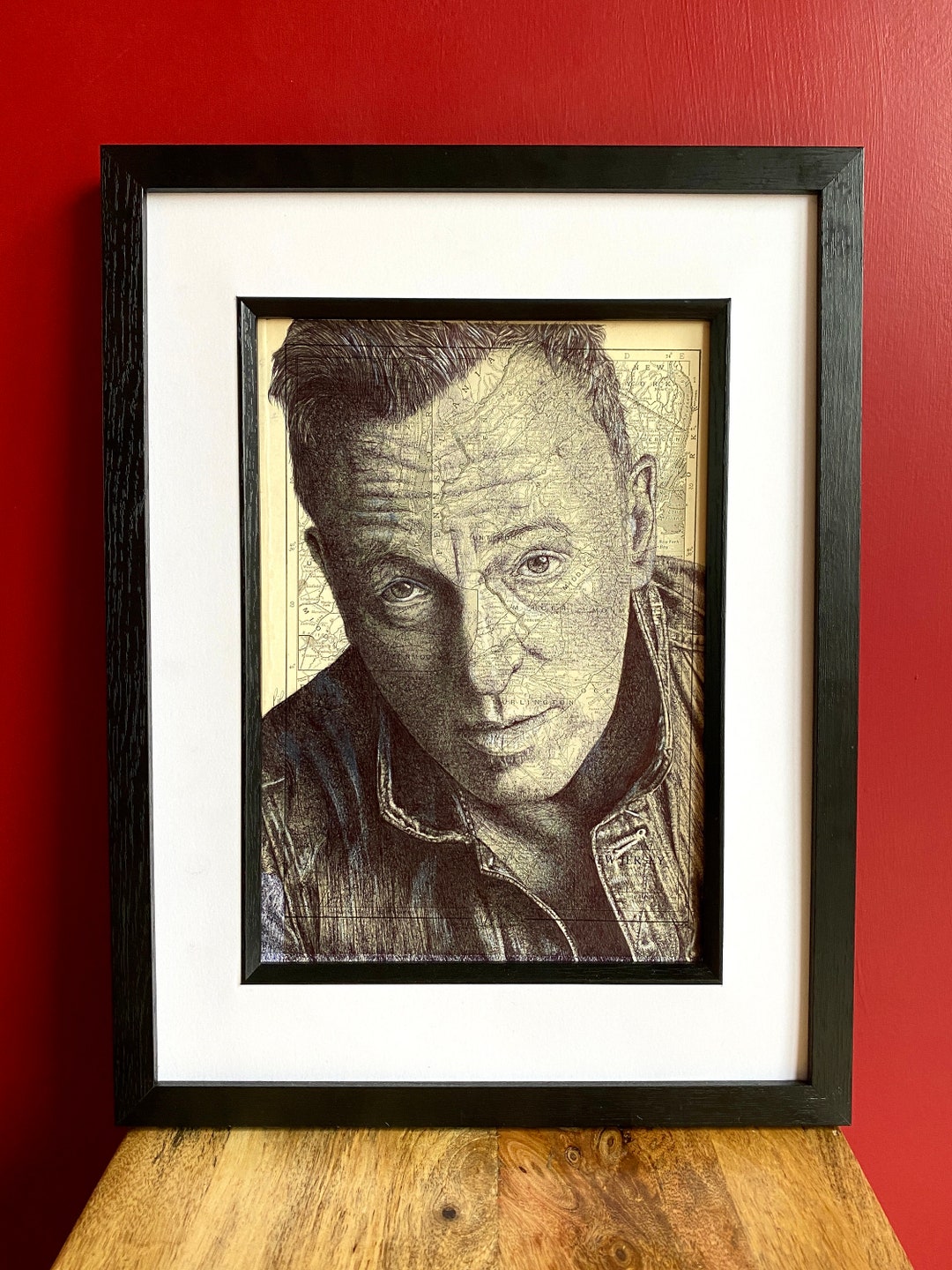 Bruce Springsteen Inspired Portrait Print. Pen Drawing Over Map of New ...