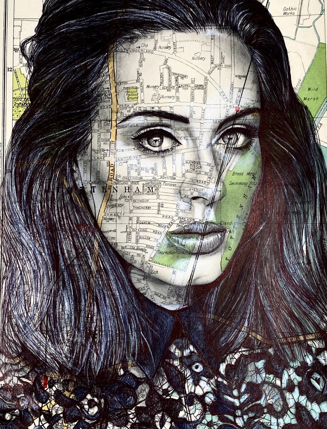 Adele Inspired Portrait Print. Pen Drawing Over Map of Tottenham ...