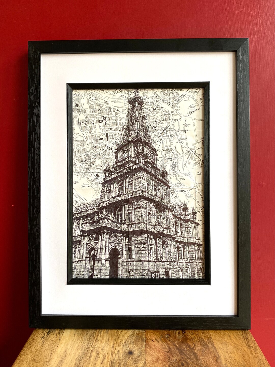 Halifax Town Hall Art Print, Pen and Map Drawing, West Yorkshire, A4 ...