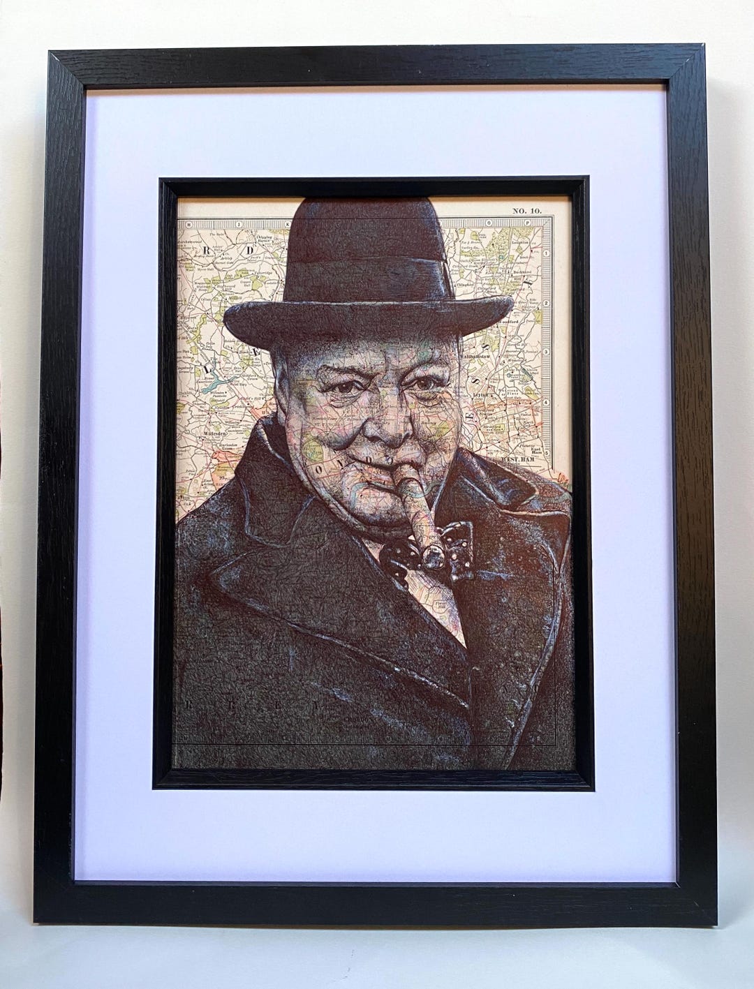 Winston Churchill Inspired Portrait Print. Pen Drawing Over Map of ...