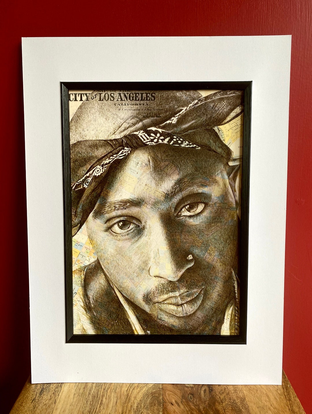 Tupac Shakur Portrait Art Print, Pen Drawing Over Los Angeles Map (A4 ...