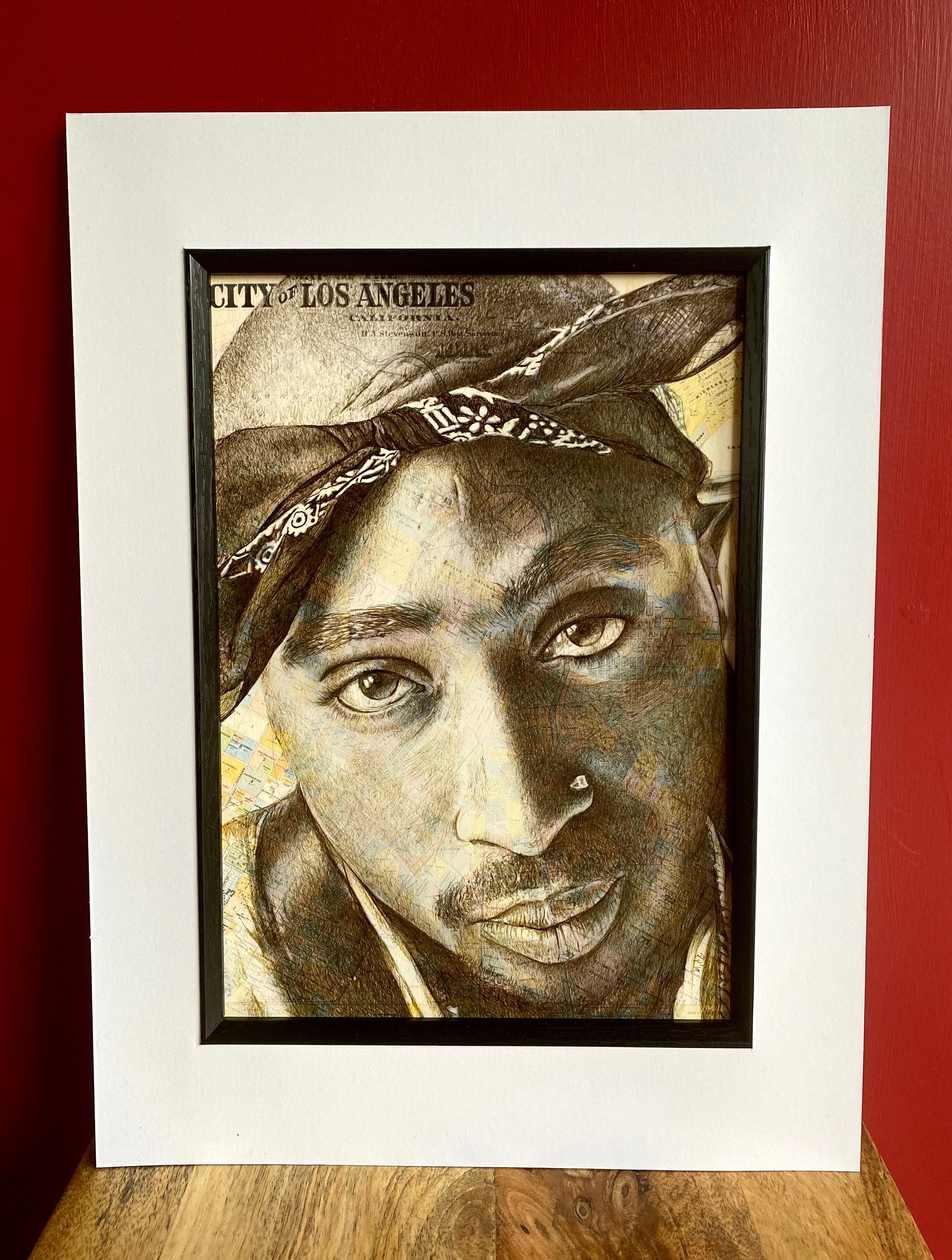 Tupac 2pac Shakur Inspired Portrait Print. Pen Drawing Over Map of Los ...
