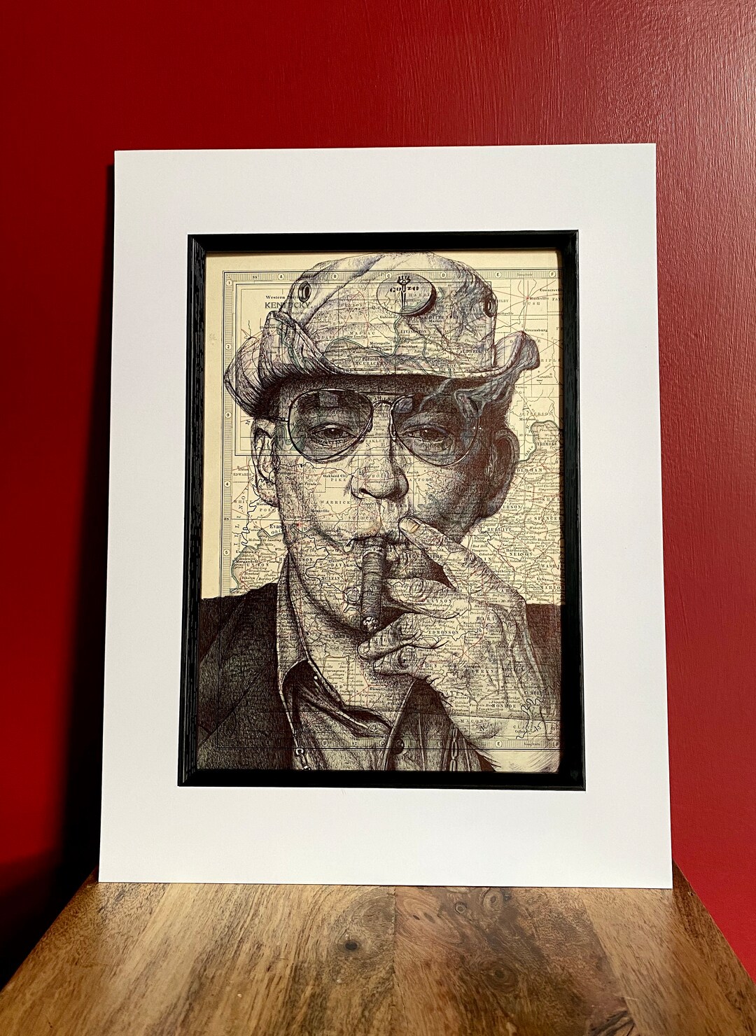 Hunter S Thompson Inspired Portrait Print. Pen Drawing Over Map of ...